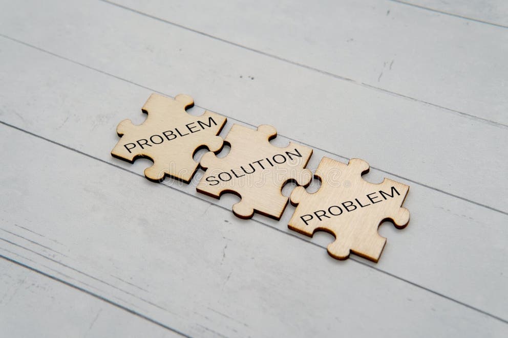 Three Wooden Jigsaw Puzzle Pieces with Text PROBLEM and SOLUTION. Stock ...