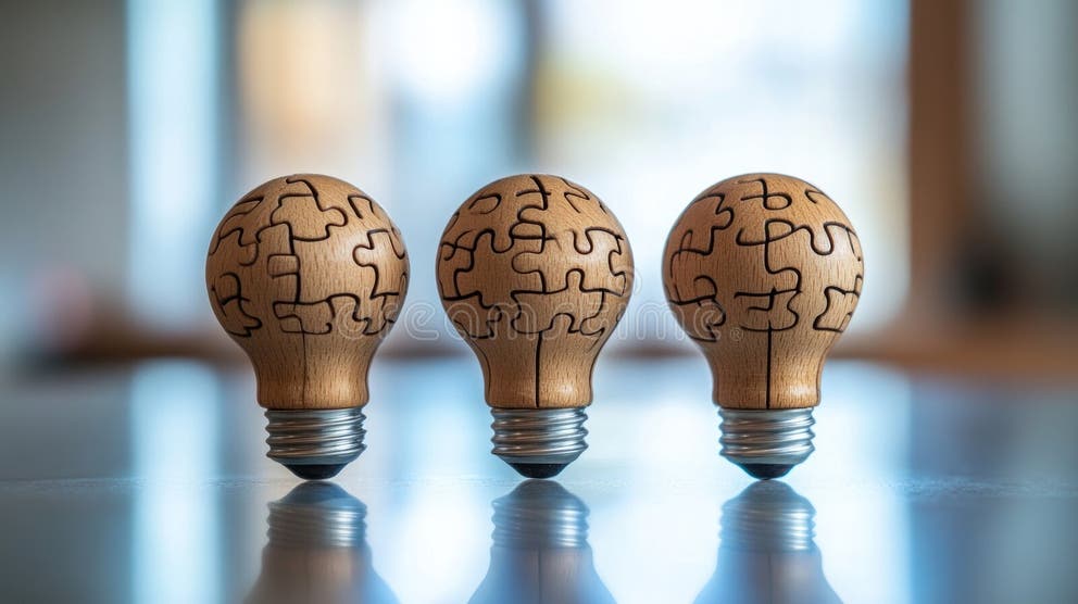 Three Wooden Light Bulbs with Puzzle Piece Pattern Standing on a ...