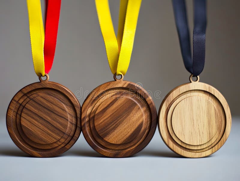 Three Wooden Medals with Ribbons Stock Image - Image of base, side ...