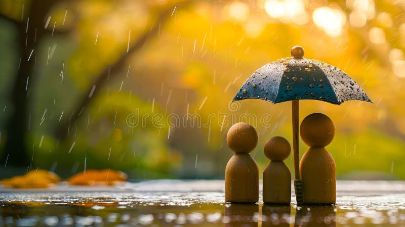 Three Wooden People Under an Umbrella in the Rain Stock Image - Image ...