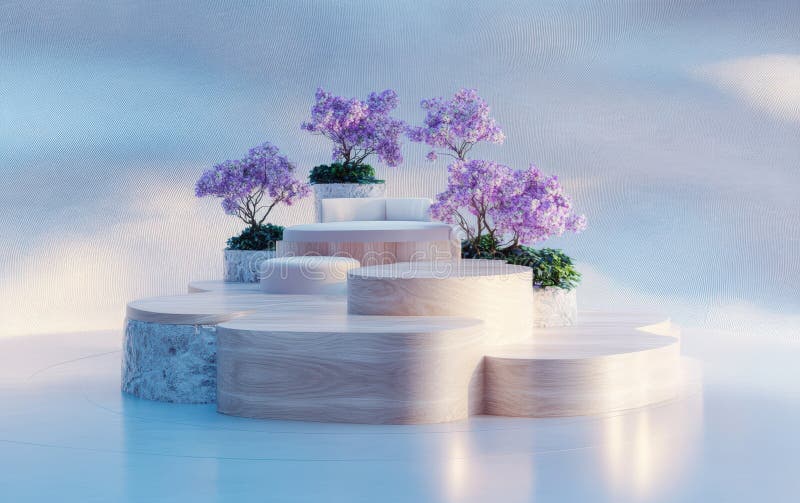 Three Wooden Platforms Adorned with Flowers Sit on a White Surface ...