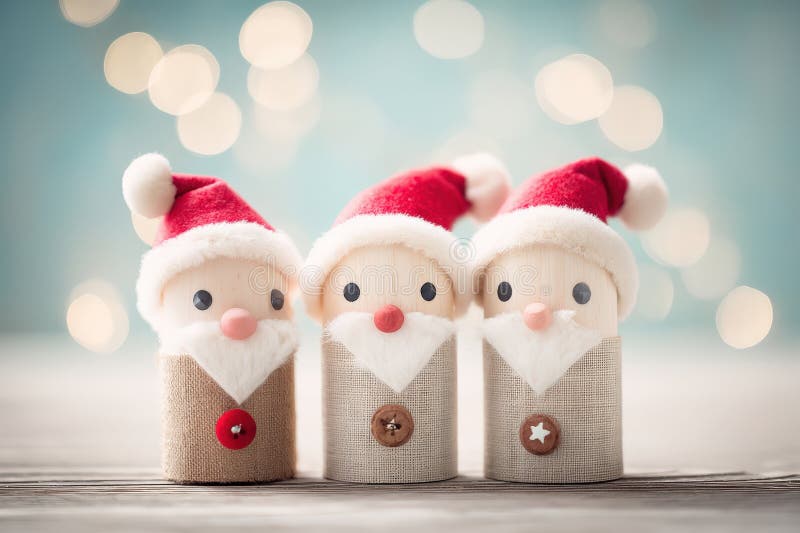 Three Wooden Santa Claus Figurines with Red Hats and White Beards on a ...