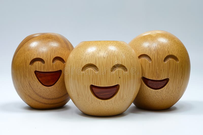 Three Wooden Smiley Faces with Different Expressions on Them Stock ...