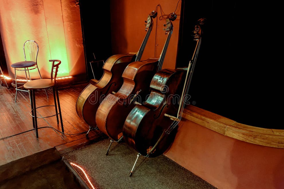 Three Wooden Stringed Instrument of a Symphony Orchestra Double Bass ...