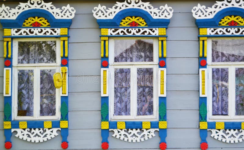 Three Wooden Windows with Carved Multi-colored Antique Frames. Stock ...