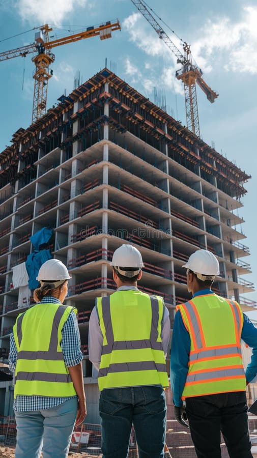 Three Workers at Construction Site Observe Building, Cranes Overhead ...