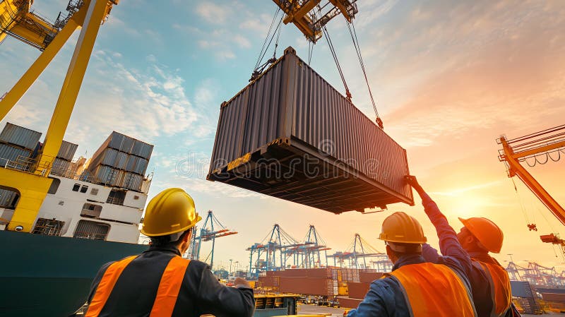 Three Workers on a Dock Watch As a Large Container is Lifted by a Crane ...