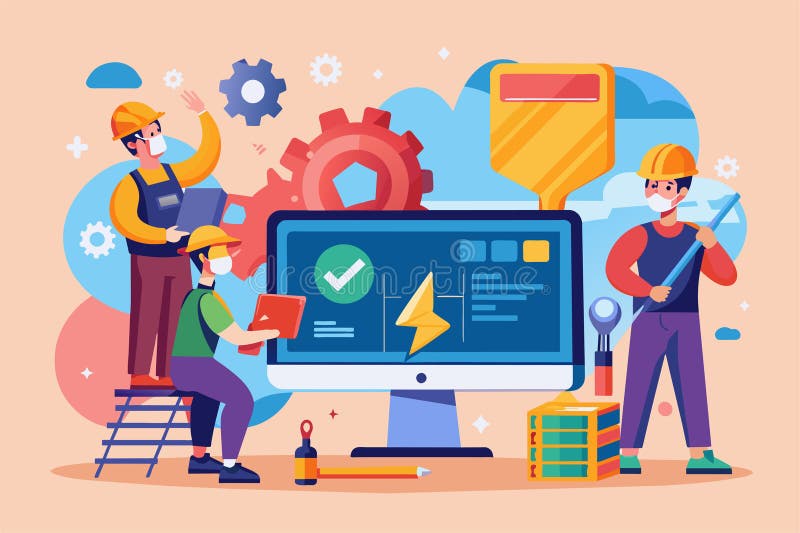 Three Workers Fix Computer Errors on a Large Screen, Engaged in Their ...