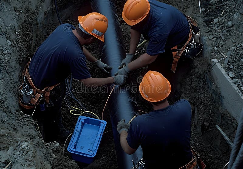 Workers Install a Large Pipeline in a Construction Site during Daylight ...