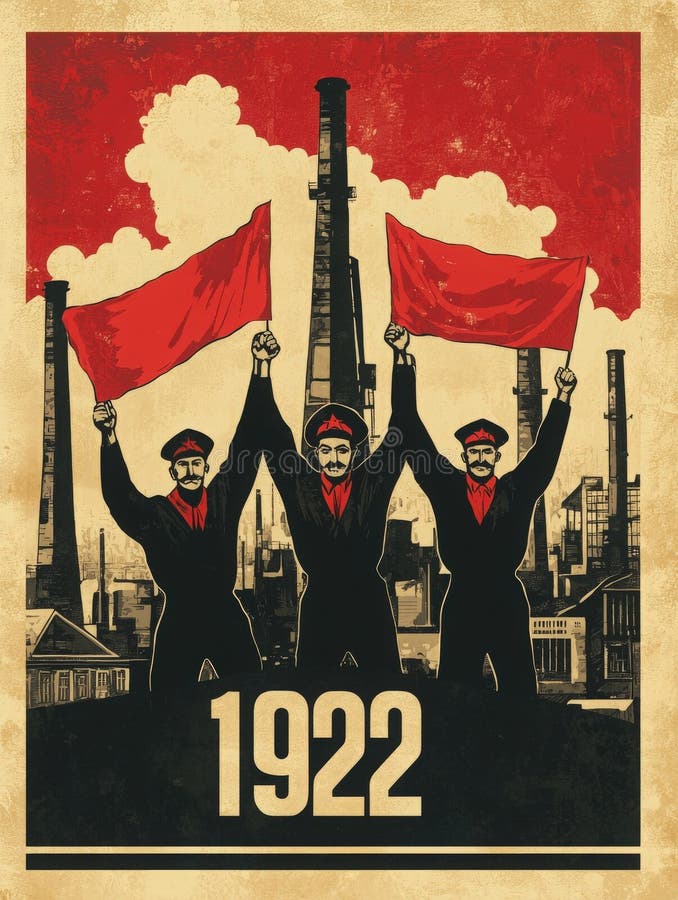 Historical Poster Depicting Workers Rallying with Red Flags in an ...
