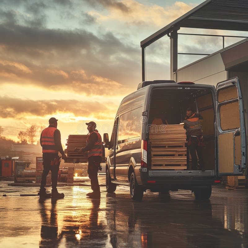 Three Workers Loading Wooden Pallets into the Back of a Delivery Van at ...