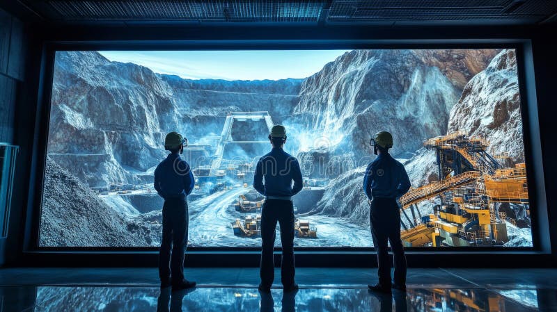 Three Workers Observe a Large-Scale Mining Operation through a Screen ...