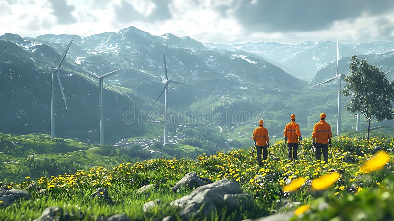 Three Workers in Orange Jackets Observing Wind Farm in Scenic Landscape ...