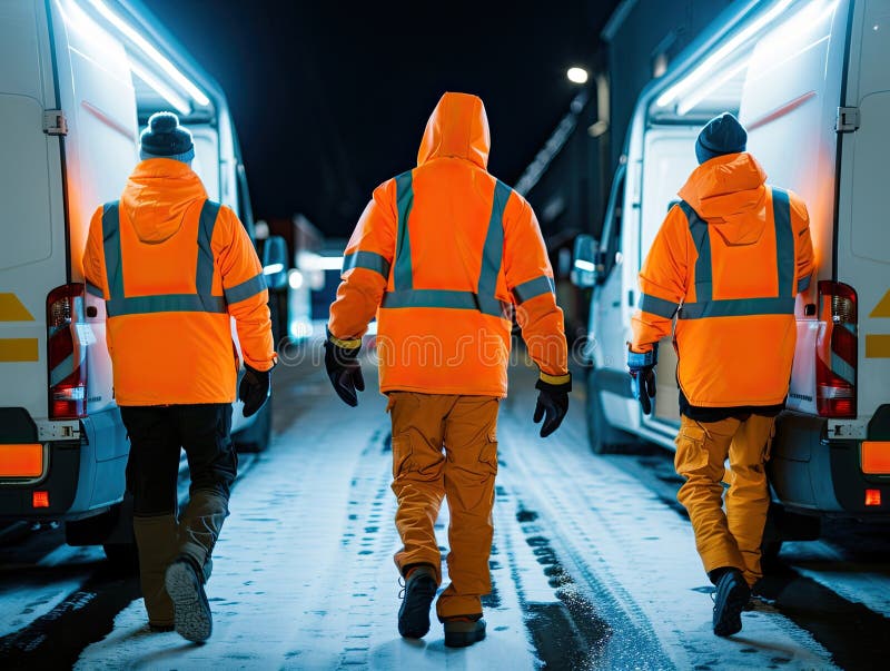 Three Workers in Orange Reflective Jackets Working at Night, Walking ...
