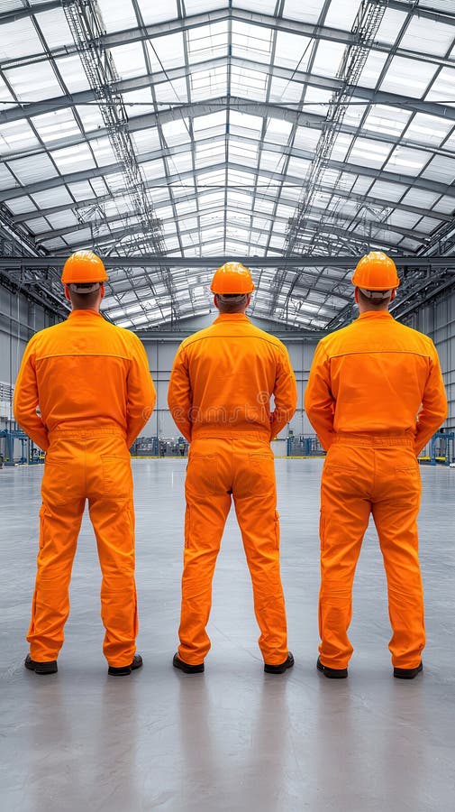 Three Workers in Orange Uniforms Standing in Industrial Warehouse Stock ...