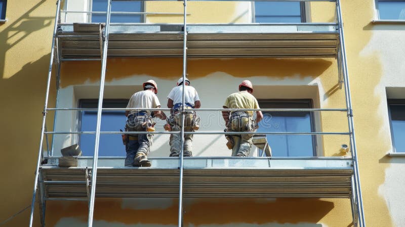 Three Workers on Scaffolding Painting a Building Facade Stock ...