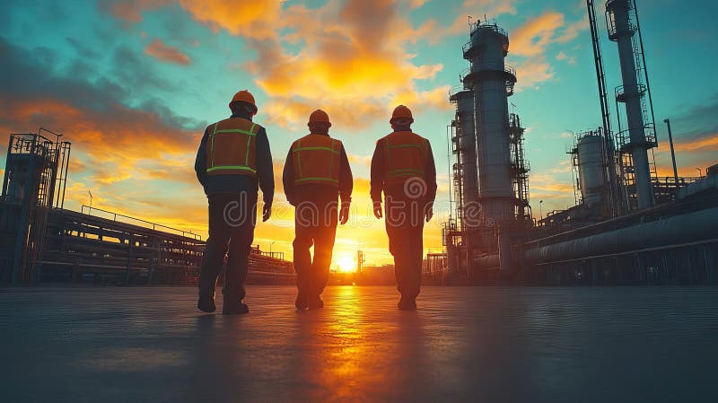 Three Workers Silhouette Against a Vibrant Sunset at an Industrial Site ...