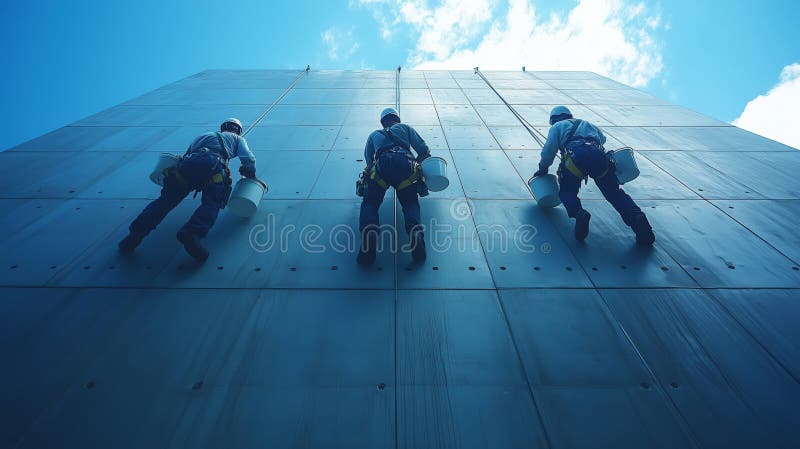 Construction Workers Cleaning Facade of Modern Building Stock Image ...