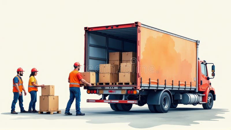 Three Workers Unloading Cardboard Boxes from a Truck - Logistics and ...