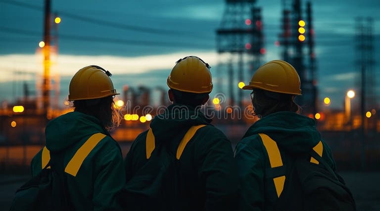 Three Industrial Workers Overseeing Oil Refinery Operations during Twilight Stock Image - Image ...