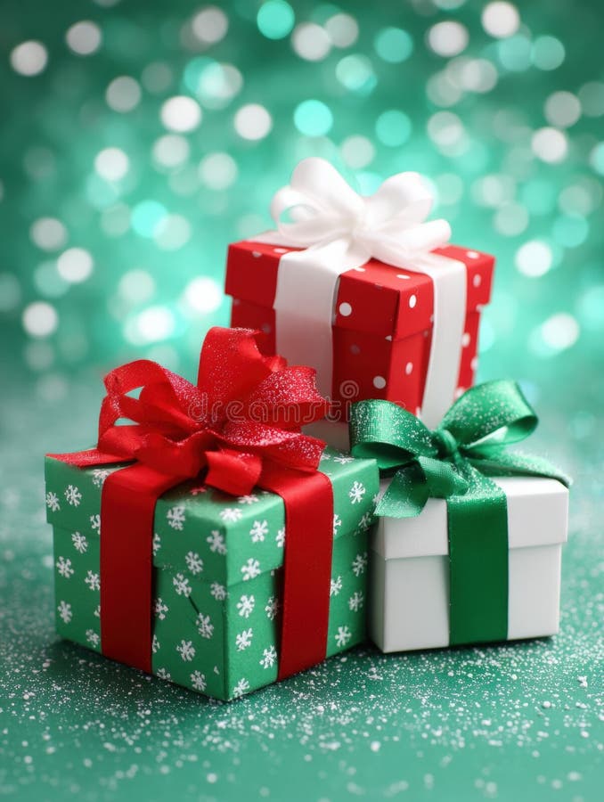 Three Wrapped Presents with Red Ribbon on Them are Stacked on Top of ...