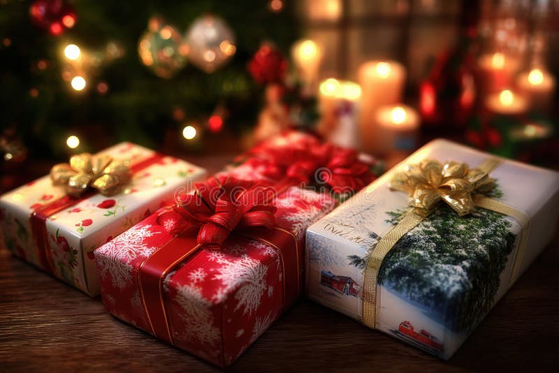 Three Wrapped Presents with Red Ribbon on Them are Stacked on Top of ...