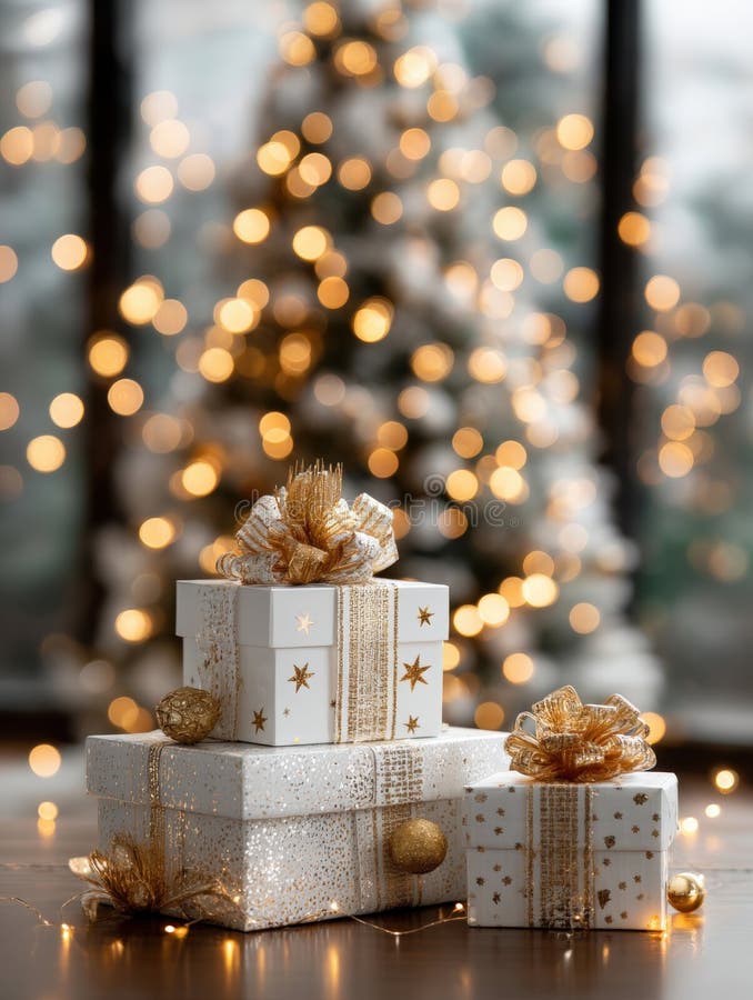 Three Wrapped Presents with Red Ribbon on Them are Stacked on Top of ...