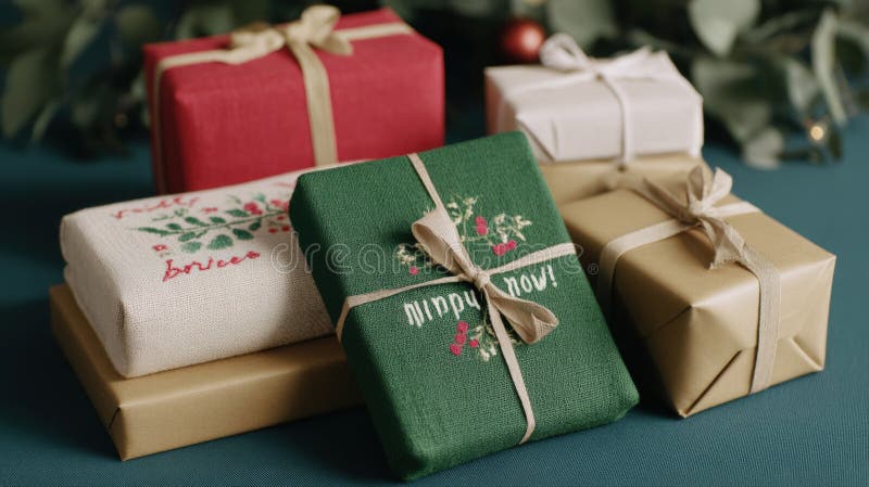 Three Wrapped Presents with Red Ribbon on Them are Stacked on Top of ...