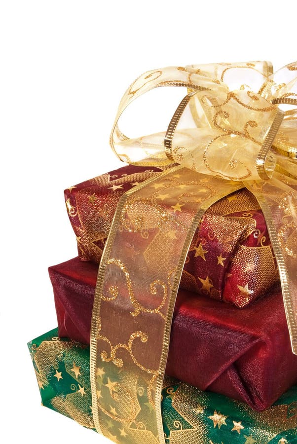 Three Wrapped Gift Boxes with Gold Ribbon and Bow Stock Image - Image ...