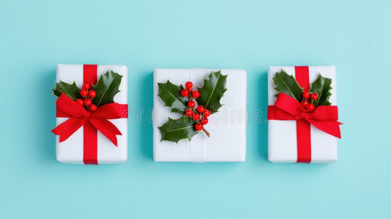 Three Wrapped Presents with Red Ribbon on Them are Stacked on Top of ...