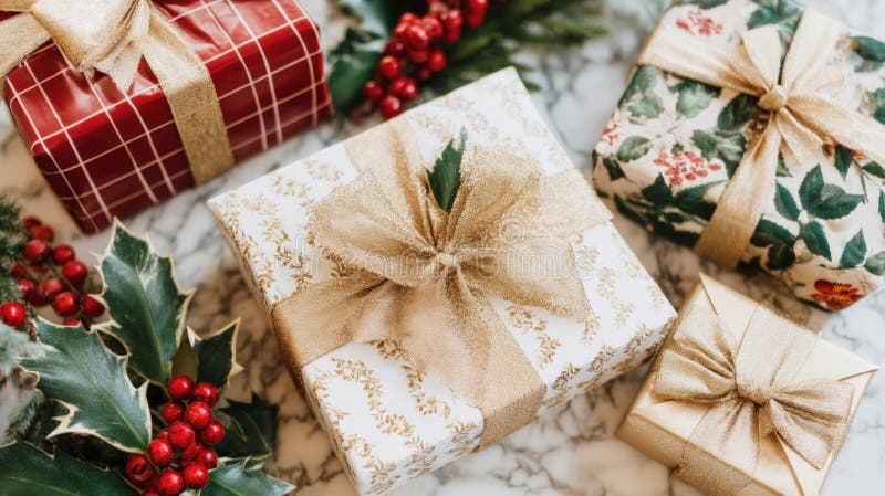 Three Wrapped Presents with Red Ribbon on Them are Stacked on Top of ...
