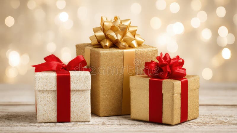 Three Wrapped Presents with Red Ribbon on Them are Stacked on Top of ...