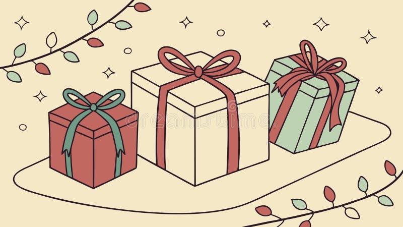 Three Wrapped Gifts with Ribbons. Sitting on a Surface with Christmas ...
