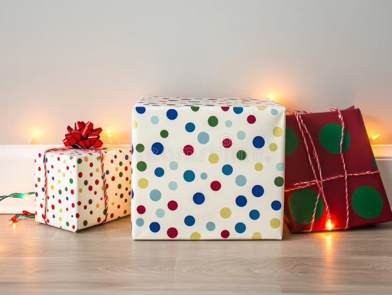 Three Wrapped Gifts with String and Polka Dot Patterns Stock ...