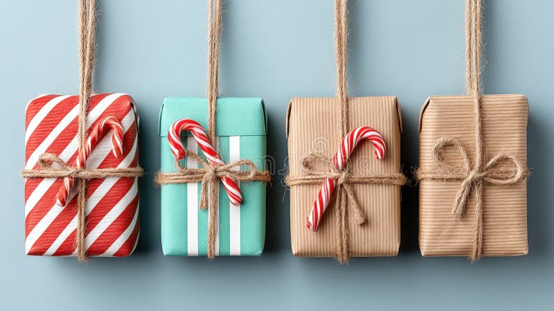 Three Wrapped Presents with Red Ribbon on Them are Stacked on Top of ...