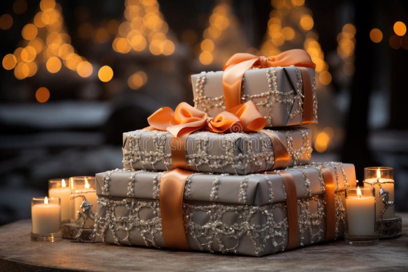 Three Wrapped Presents with Orange Ribbons on a Table, AI Stock Photo ...