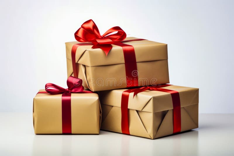 Three Wrapped Presents with Red Ribbon on Them are Stacked on Top of ...
