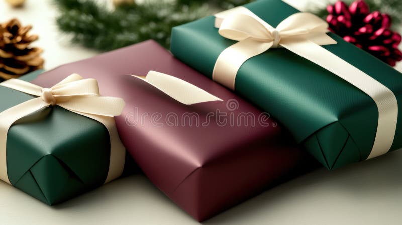 Three Wrapped Presents with Red Ribbon on Them are Stacked on Top of ...