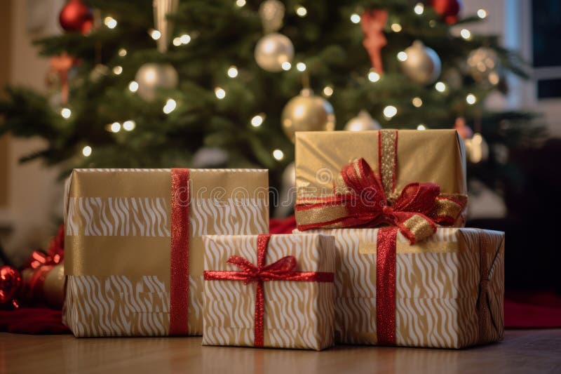Three Wrapped Presents Sitting in Front of a Christmas Tree Stock ...