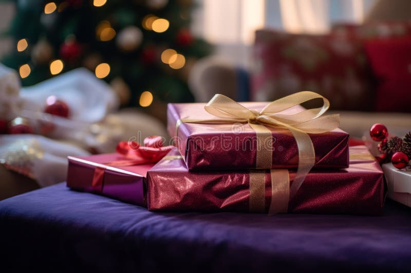 Three Wrapped Presents Sitting on a Table in Front of a Christmas Tree ...