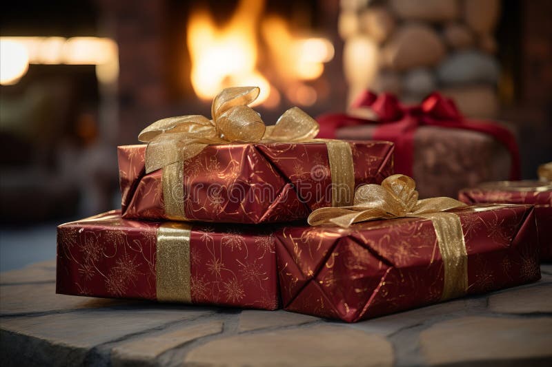 Three Wrapped Presents Sitting on a Table in Front of a Fireplace Stock ...