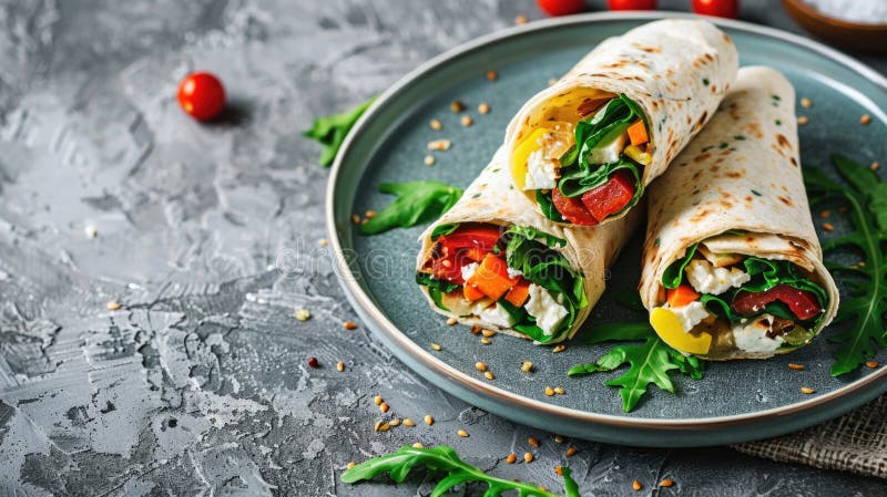 Three Wraps of Food on a Plate with a Green Leaf on the Side Stock ...
