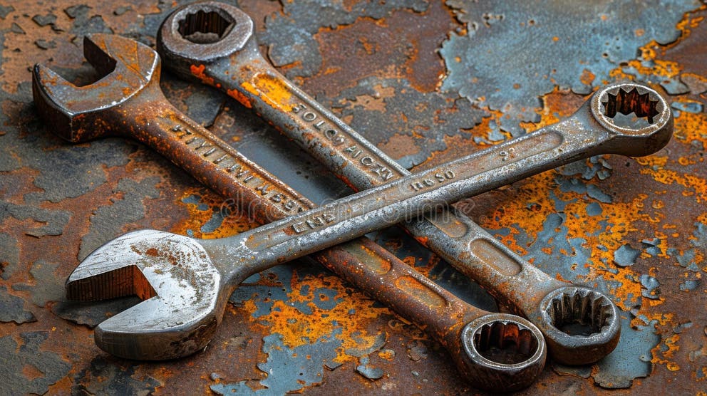Three Rusted Wrenches Laying on a Rusty Metal Surface Stock Photo ...
