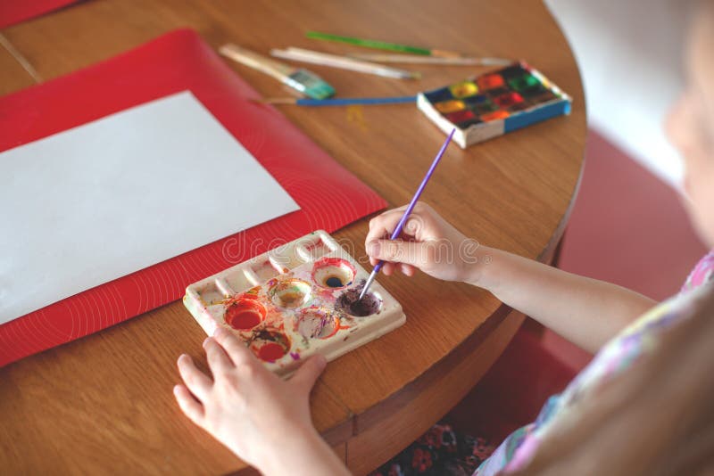Three Year Old Boy Paint with Watercolor at Home. Stock Image - Image ...