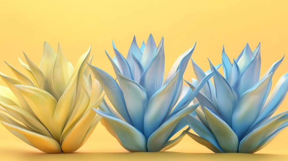 Three Yellow Agave Plants, Rendered in a Stylized Manner, on a Yellow ...