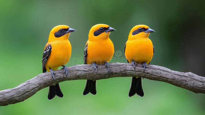 Three Yellow Birds Perched on a Branch Stock Illustration ...