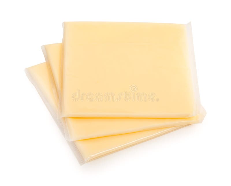 Three Yellow Cheese Slices Packaged on White Background. Close-up, Top ...