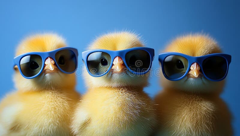 Three Yellow Chicks Wearing Blue Sunglasses Strike a Pose in Front of a ...