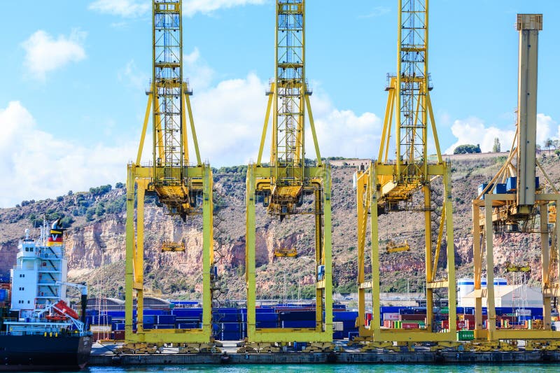Three Yellow Cranes at Freight Dock Editorial Stock Photo - Image of ...