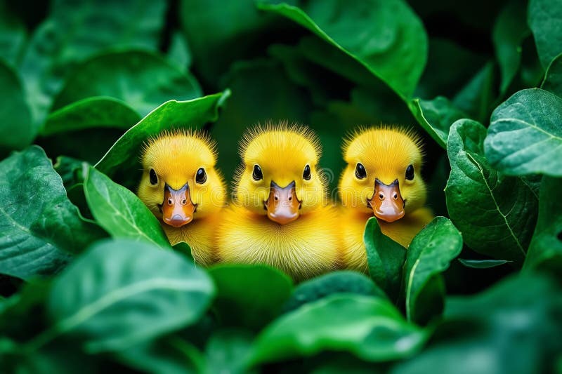 Three Yellow Ducklings in the Leaves Stock Photo - Image of yellow ...